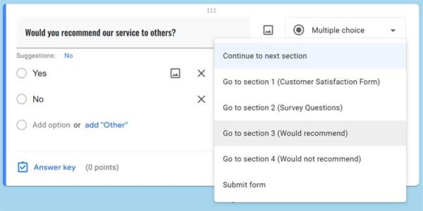 How to Configure Go to Section Based on Answer Questions in Google Forms